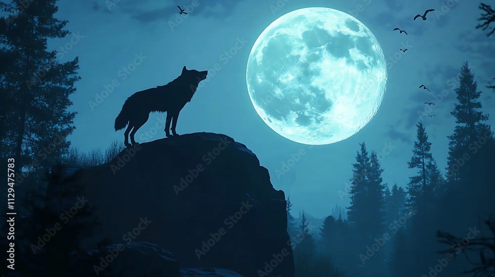 Majestic wolf howling at a bright full moon in a dark forest Stock Photo | Adobe Stock