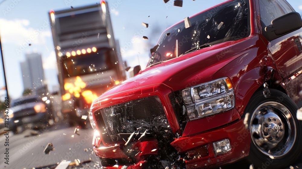 Red Pickup Truck and Big Rig Collision - Damaged red pickup truck after ...