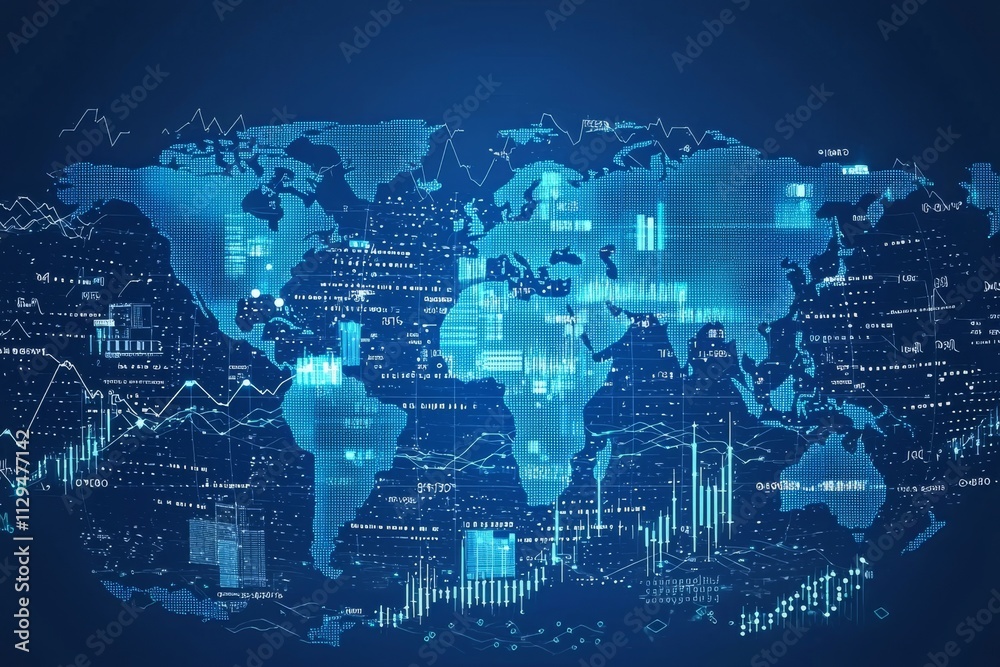 With a world map in blue hues, the digital background uses stock market ...