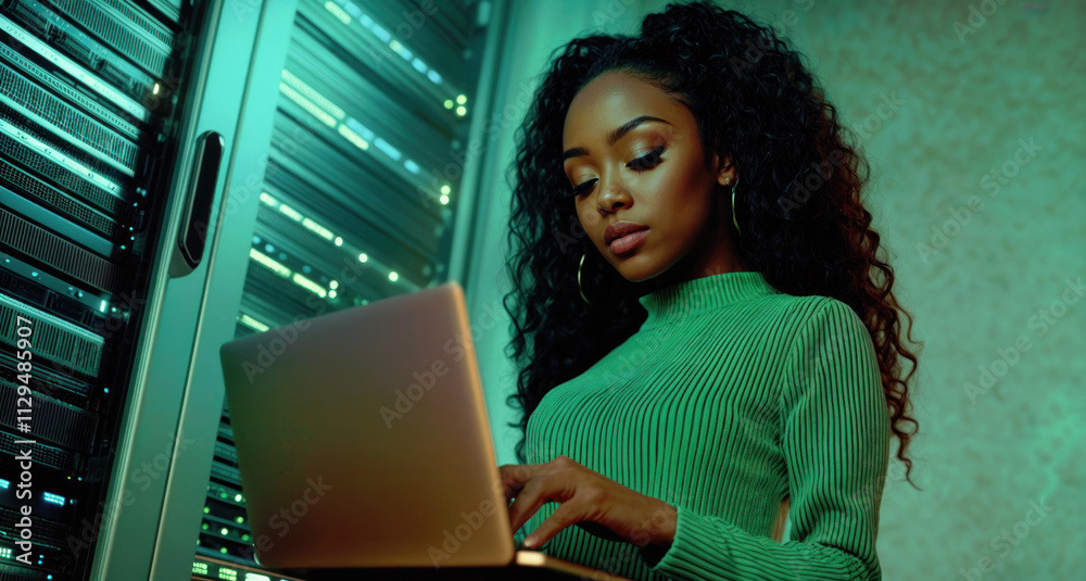 Beautiful african american woman working with laptop in server room ...