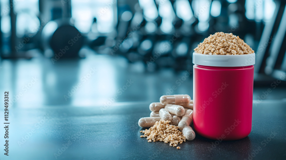 Sturdy container filled with powdered supplement alongside capsules on ...