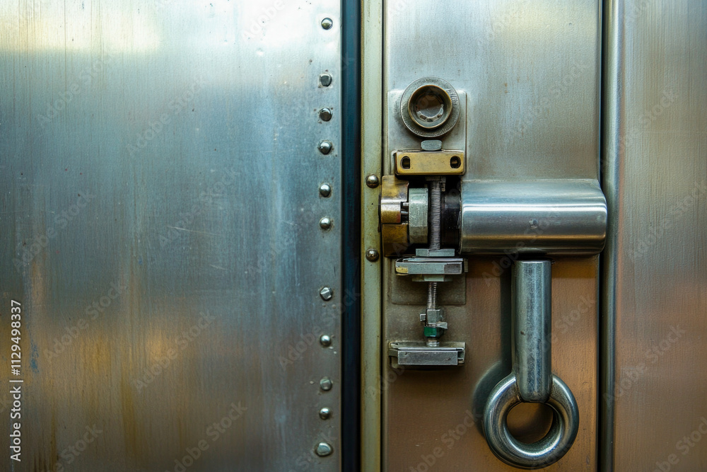 Secure metal vault door with complex lock mechanism and reinforced ...