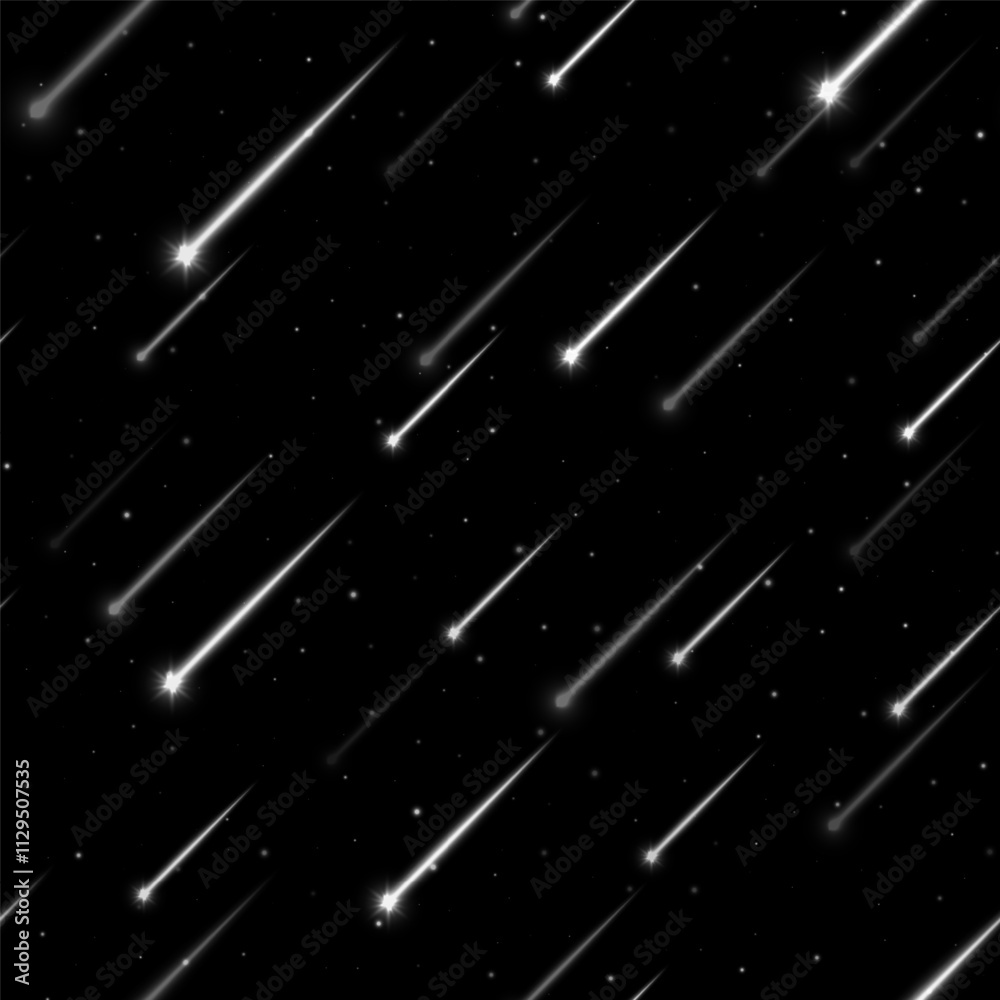 Meteor rain, shooting stars background. Bright, streaking lights falling from the sky. Dynamic ...