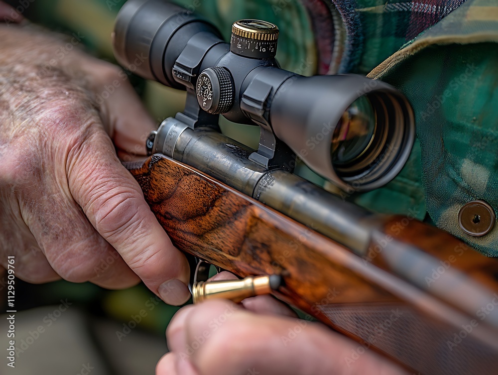Hunter loading a bullet into a vintage rifle with precision optics ...