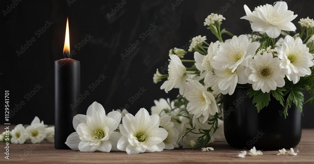 Symbolic representation of mourning with white flowers and a flickering ...