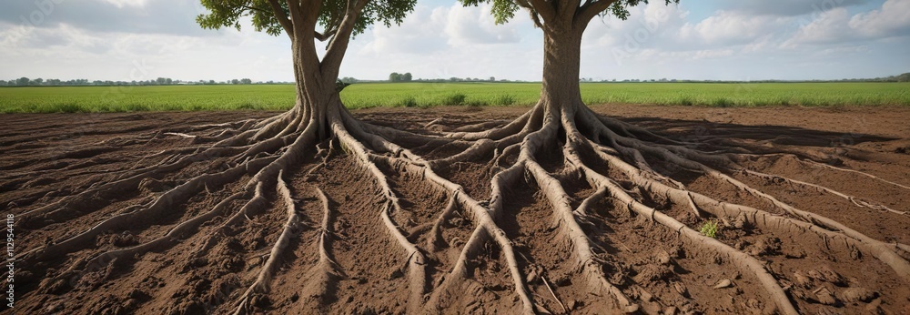 Tree roots breaking through the soil in a field near Wold Newton ...