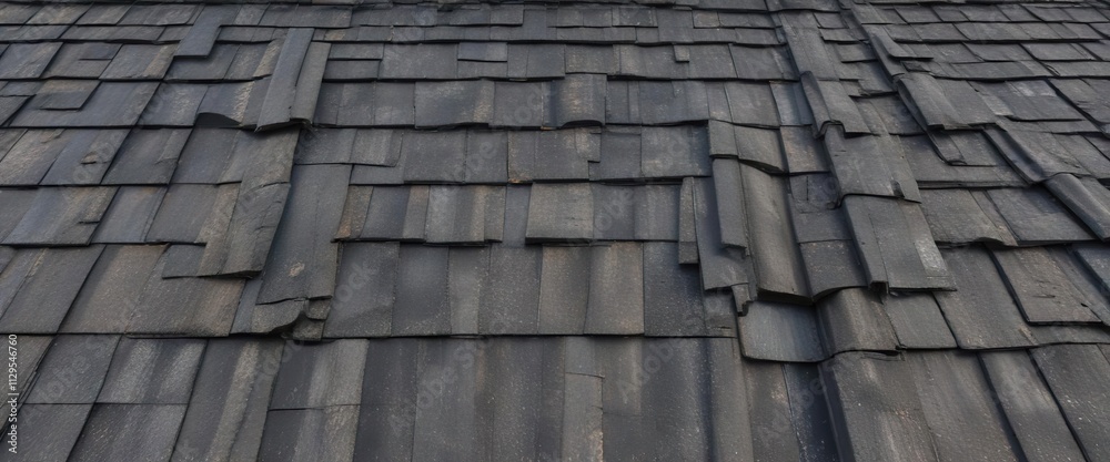 View down asphalt shingle roof with exposed ridge cap and structural ...