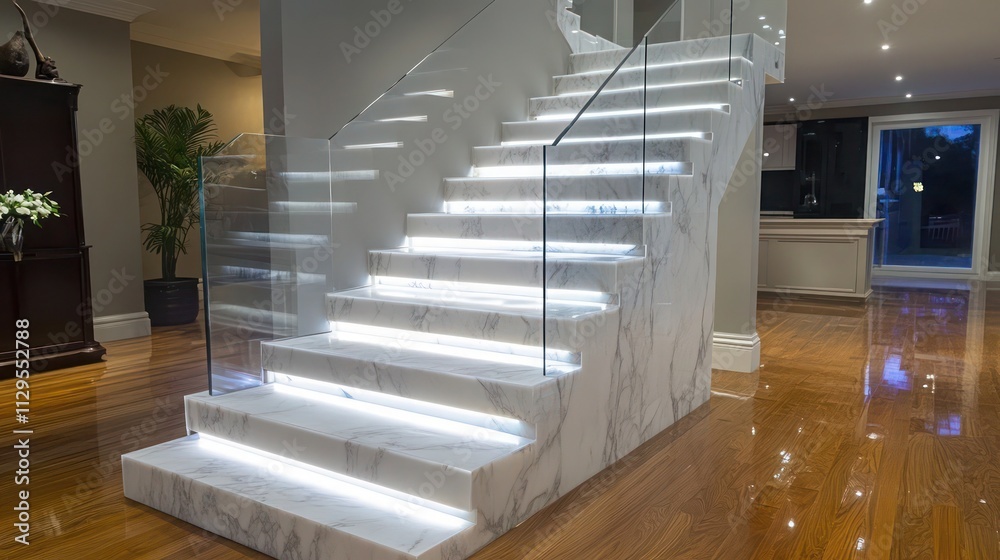 White marble L-shaped floating stairs with RGB LED strip lights under ...