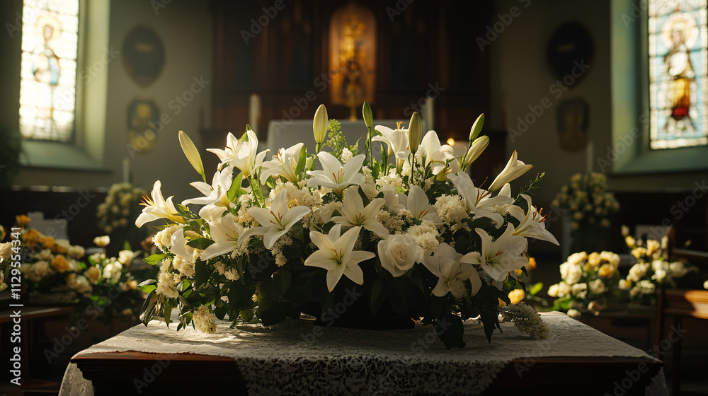 Solemn White Lily Arrangement on Church Altar with Sacred Interior ...