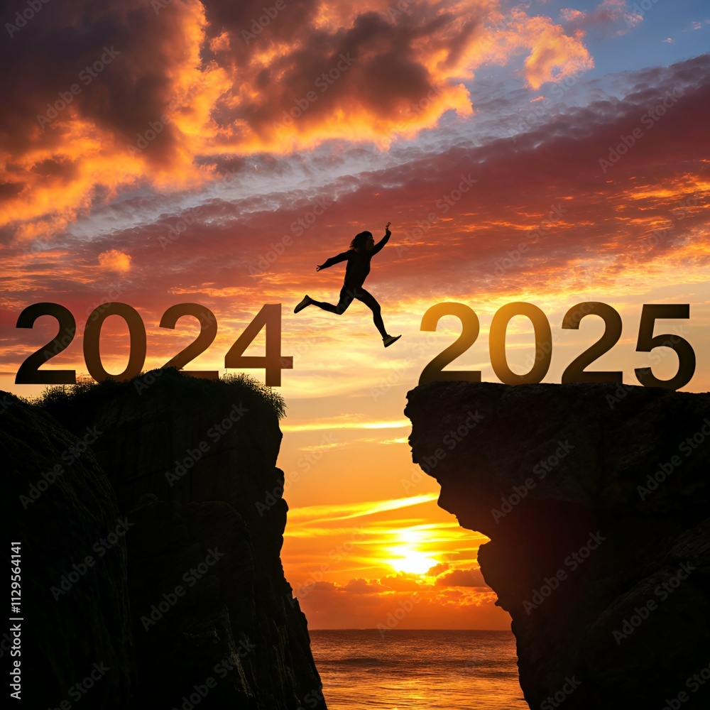 Happy new year 2025,Silhouette BusinessMan jumping from 2024 cliff to ...
