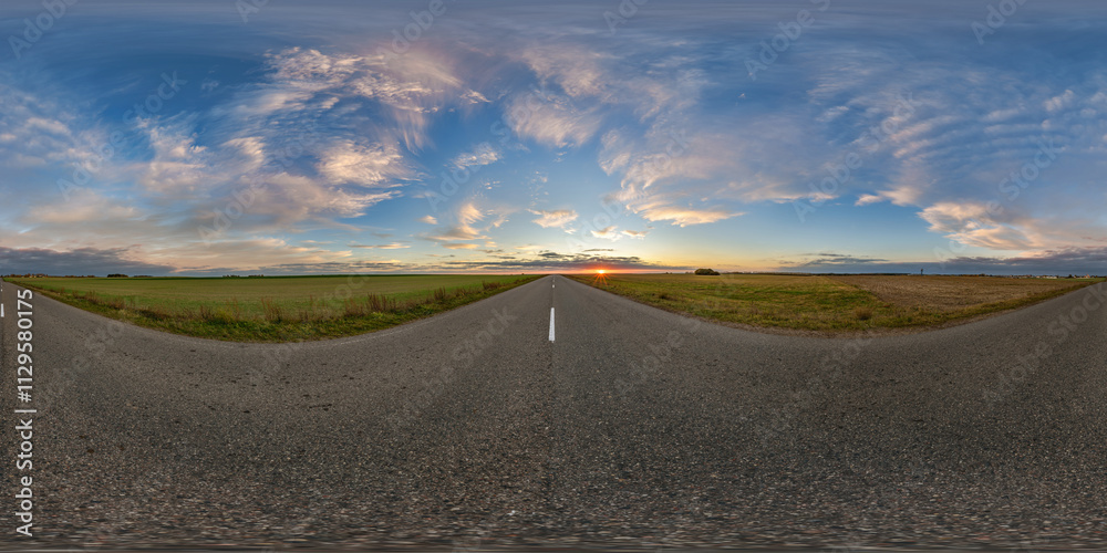 spherical 360 hdri panorama on asphalt road with clouds and evening sky ...
