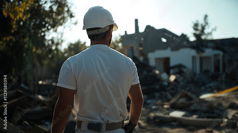 A zoomed-out view of the agent wearing a white hard hat, walking around ...