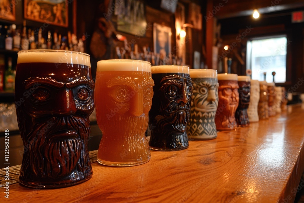 Unique tiki mugs arranged on bar counter filled with craft beer in ...