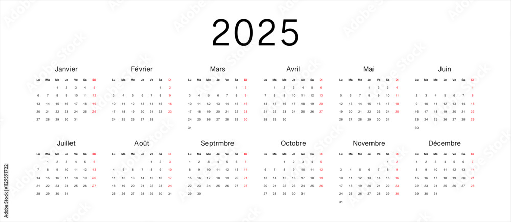 French 2025 calendar. Vector illustration design template start from ...