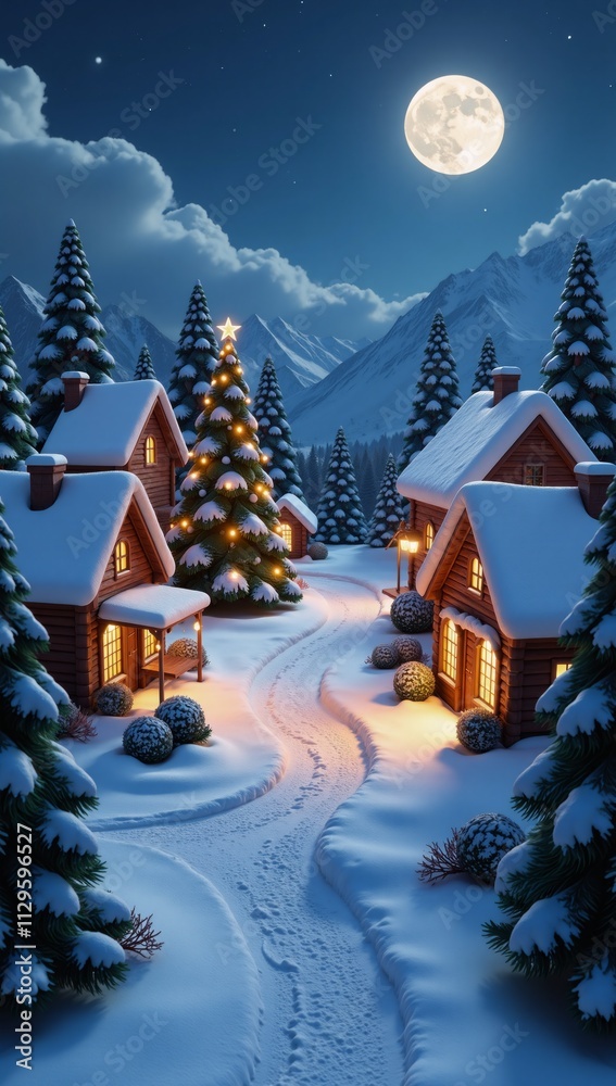 Foto de Stock Winter-themed 3D rendition showcases a tranquil idyllic ...