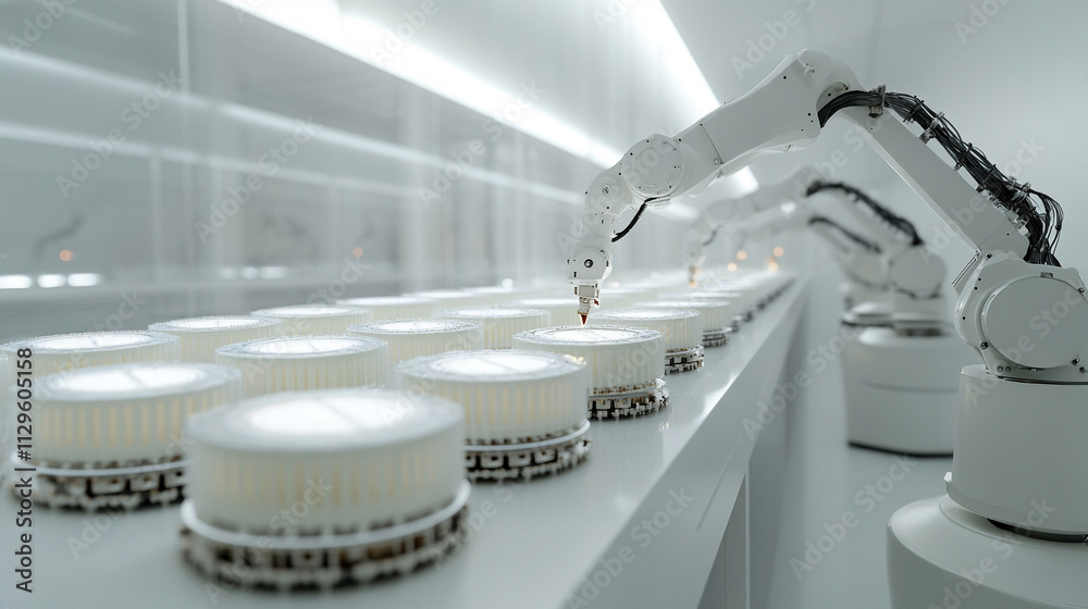 Industrial robotic arms efficiently assembling lithium-ion batteries, symbolizing automation ...