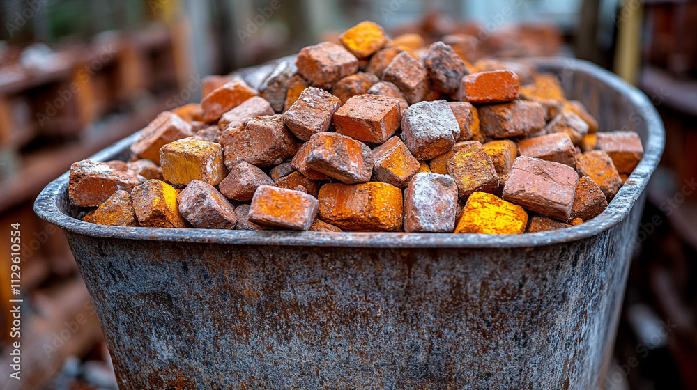 metal bin filled with red brick rubble at a construction site ...
