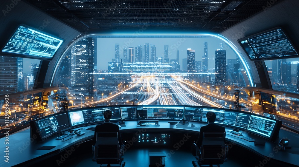 Futuristic control room operators oversee a sprawling city at night ...