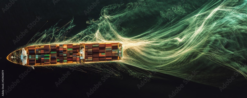Satellite view of cargo ship routes with digital data overlays ...