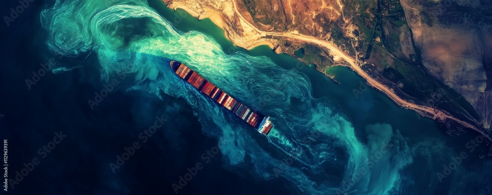Satellite view of cargo ship routes with digital data overlays ...