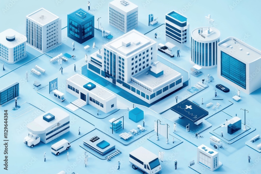 Illustration Stock Isometric view of a connected healthcare network ...