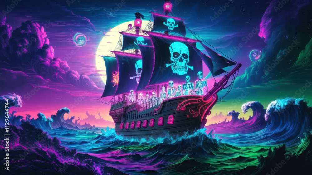 Neon Glowing Pirate Ship with Skeletons - Psychedelic Fantasy Art Stock ...