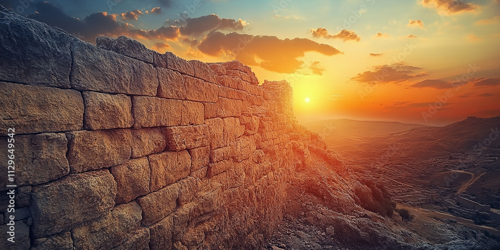 Crumbling walls of the ancient fortress of Jericho during an epic ...
