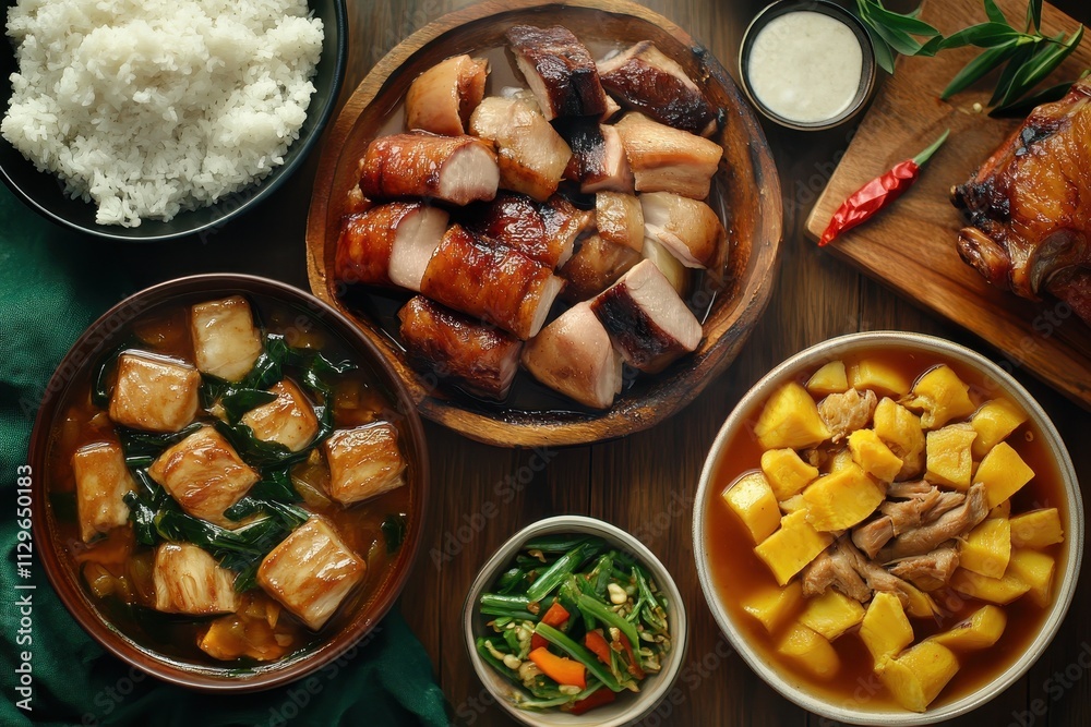 Philippine feast featuring sinigang lechon kawali and chicken adobo in ...