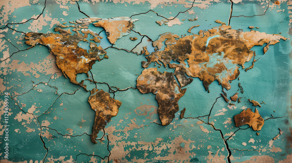 world map with cracks forming between countries, showcasing distressed ...