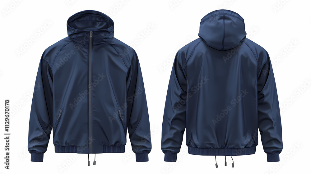 Dark blue windbreaker, mock up template, front and back view, isolated ...