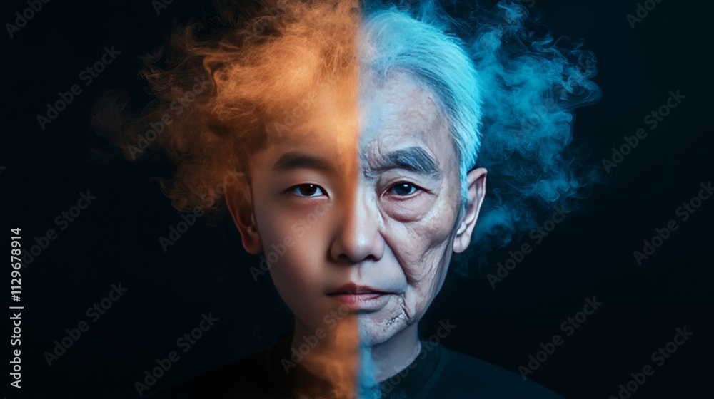 Asian boy and elderly man fusion, visual metaphor of aging and lifespan ...