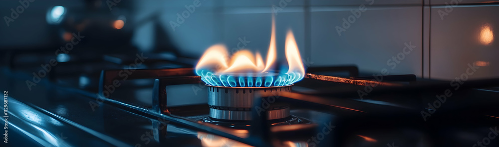 Kitchen gas stove burner with blue flame, shown in a horizontal banner ...