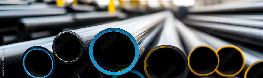 PE pipe plant with piles of industrial pipes for gas and water ...