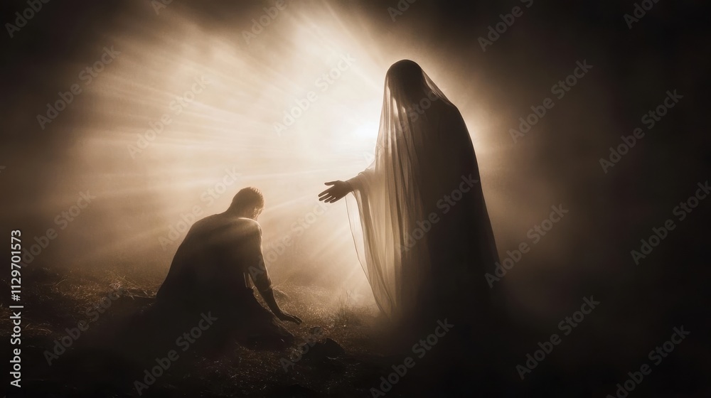 A dramatic low angle shot of a compassionate figure, robed in flowing ...