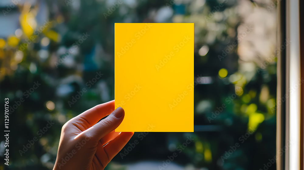Holding yellow card hand white surface call action light space color ...