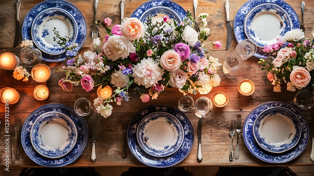 A beautifully set table for a family reunion dinner, featuring candles ...
