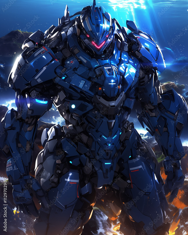 ocean guardian, a massive blue mech suit with glowing visor emerges ...