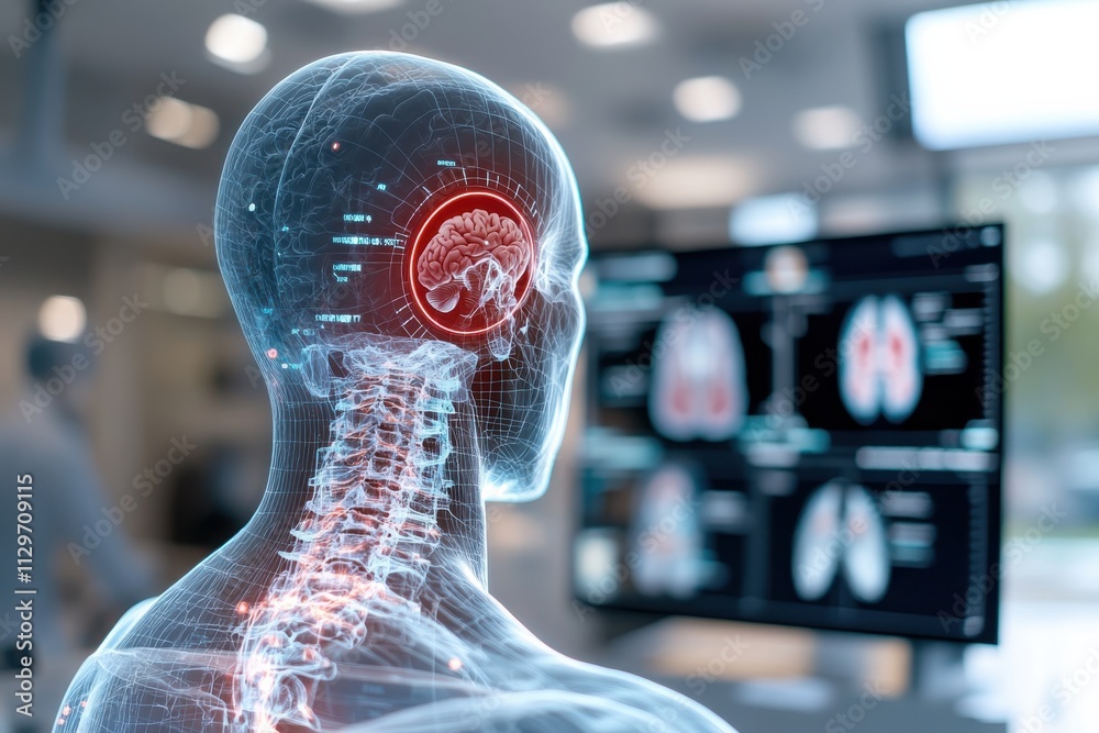 This image depicts a detailed 3D visualization of the human brain and ...