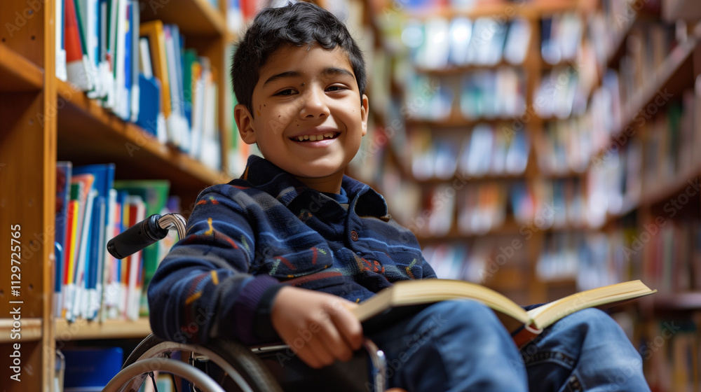 Inclusive image of a happy mixed race school pupil reading a library ...
