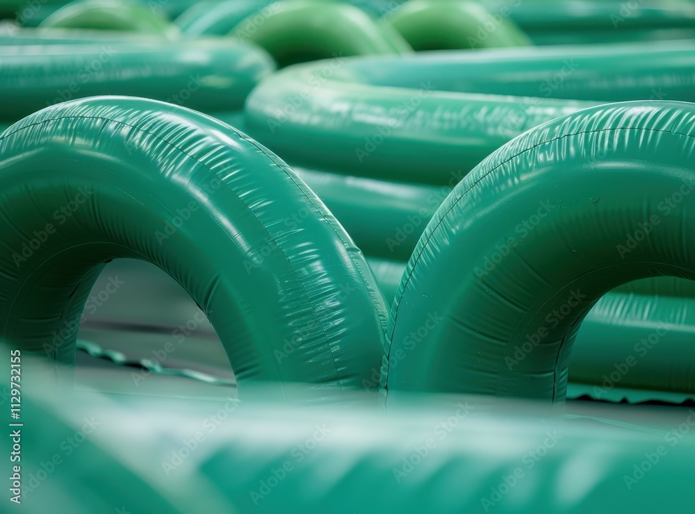 Green inflatable trampoline made of rubber in amusement park obstacle ...