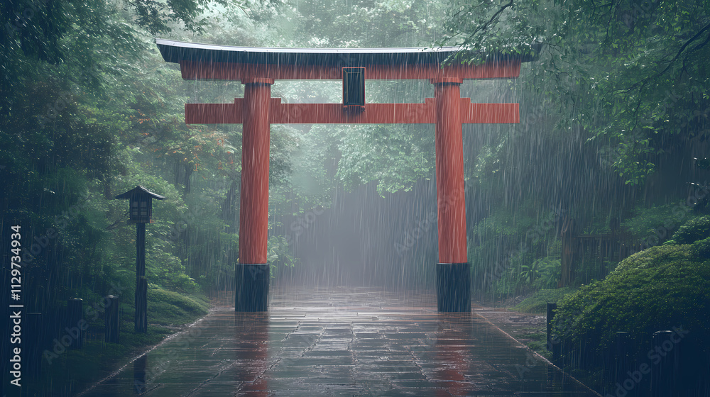 Torii gate sanctuary: a serene japanese garden in soft light, rain ...