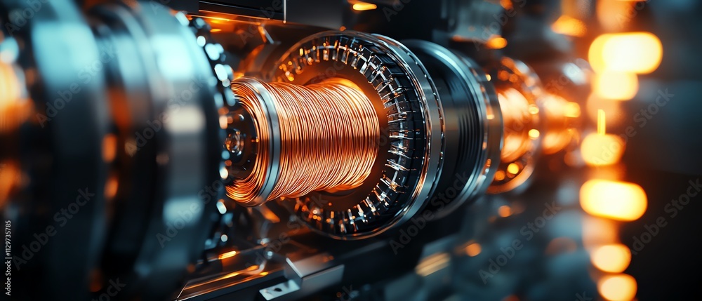 Industrial closeup of copper wire spools on automated machines in the ...