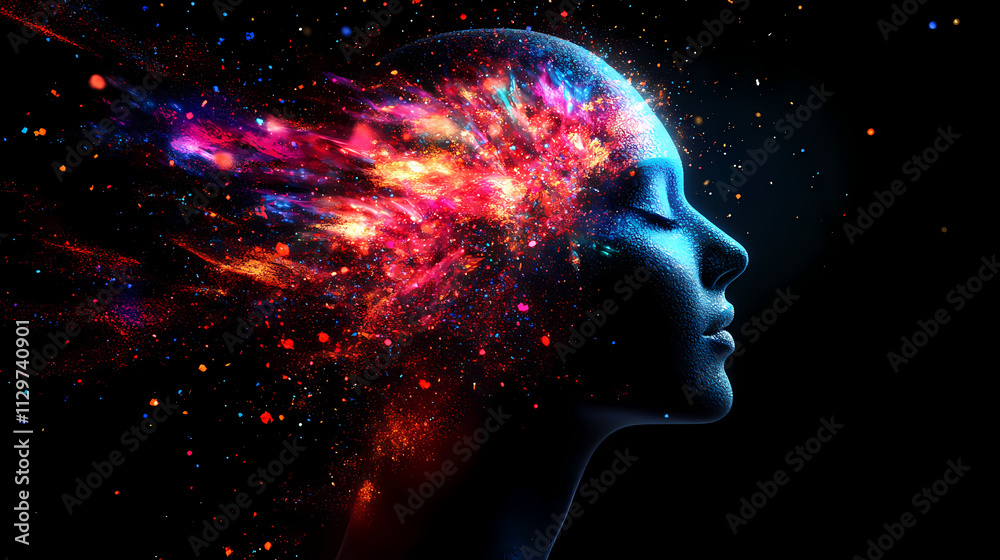 Illustrate the dissolution of a humanoid into vibrant holographic ...