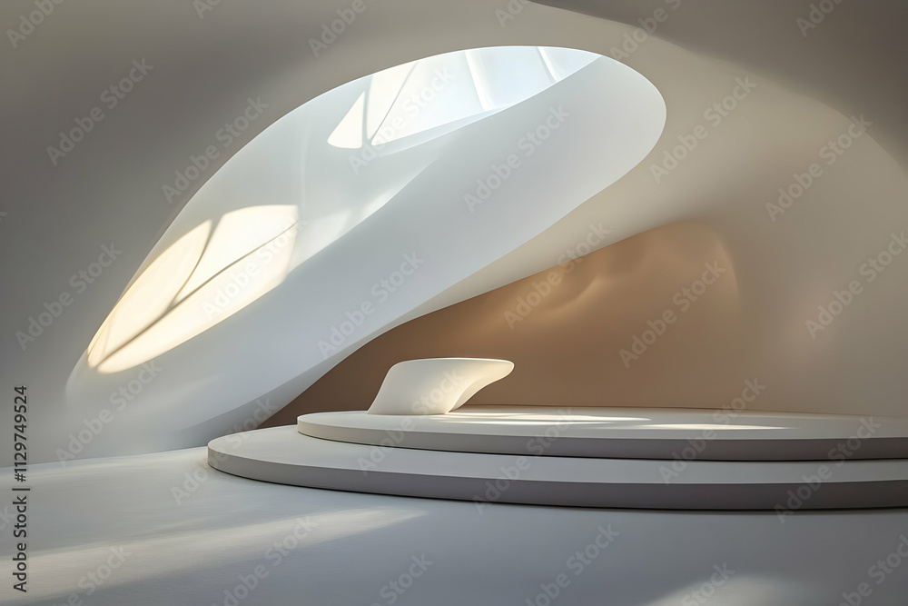 Sunlit modern minimalist interior with curved walls and elevated ...