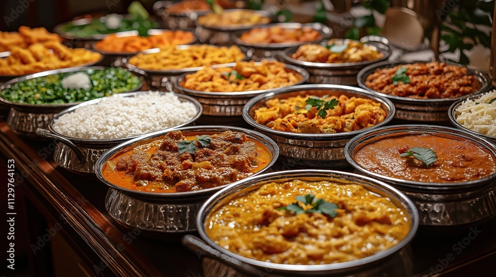 Indian buffet table. Many bowls with various dishes. Curries rice and ...