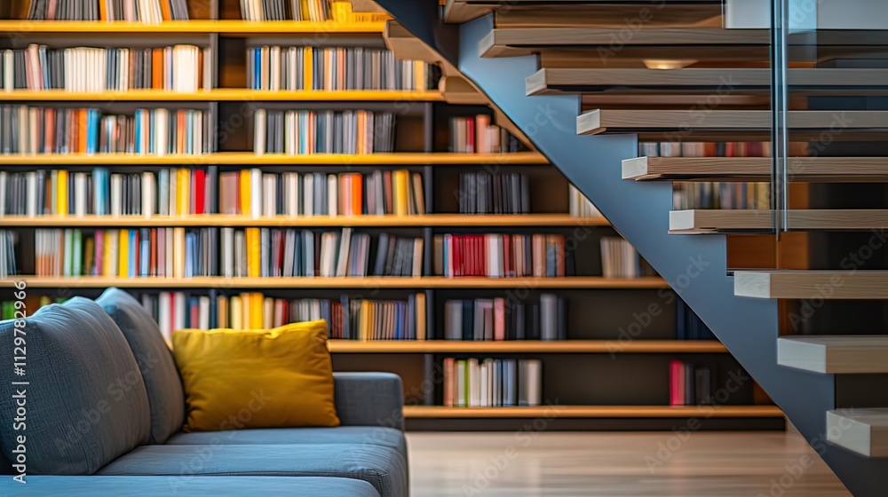 Foto de Stock Modern home library with a comfortable couch, built-in ... Foto de Stock Modern home library with a comfortable couch, built-in ...
