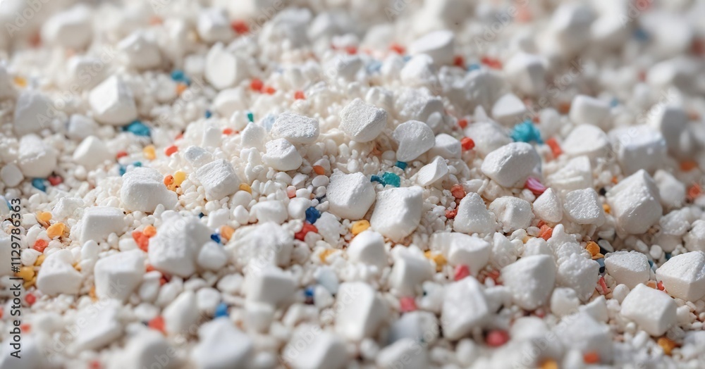 Macro photo of a white granule of plastic polymer with vibrant colors ...