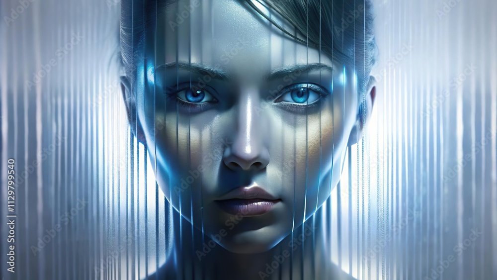 Reeded and Ribbed Glass. Glitched and corrupted female face. Model ...