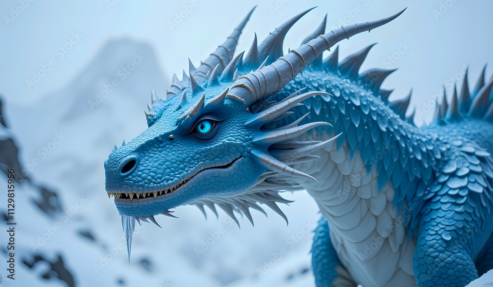 A graceful blue ice dragon with shimmering scales, frosted horns, and ...