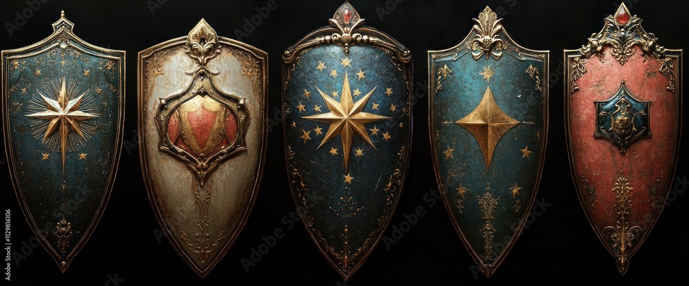 Ornate Shields with Golden Stars in Baroque Style for Game UI Design ...